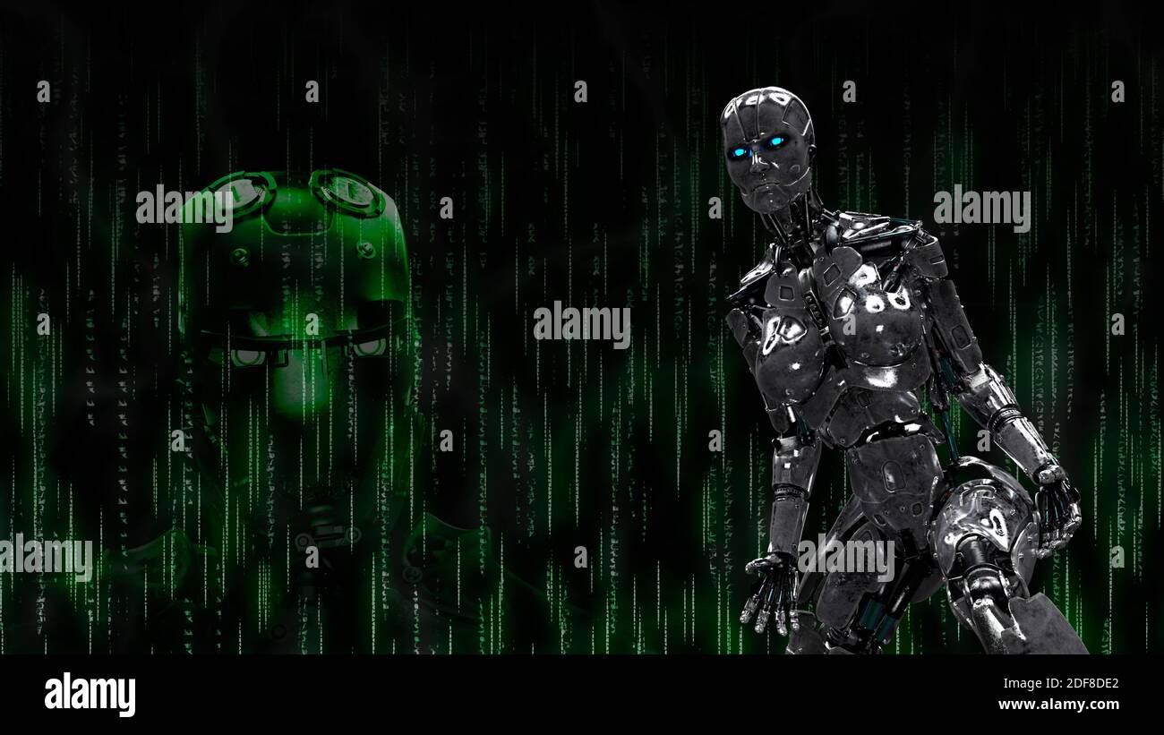 Metallic cyborg on black robotic background - 3d rendering Stock Photo ...