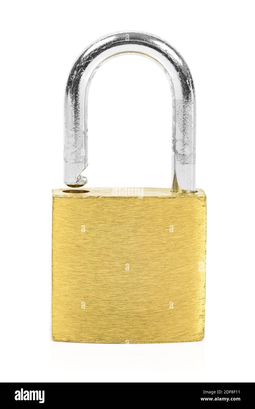 Yellow open padlock isolated on white background with clipping path ...