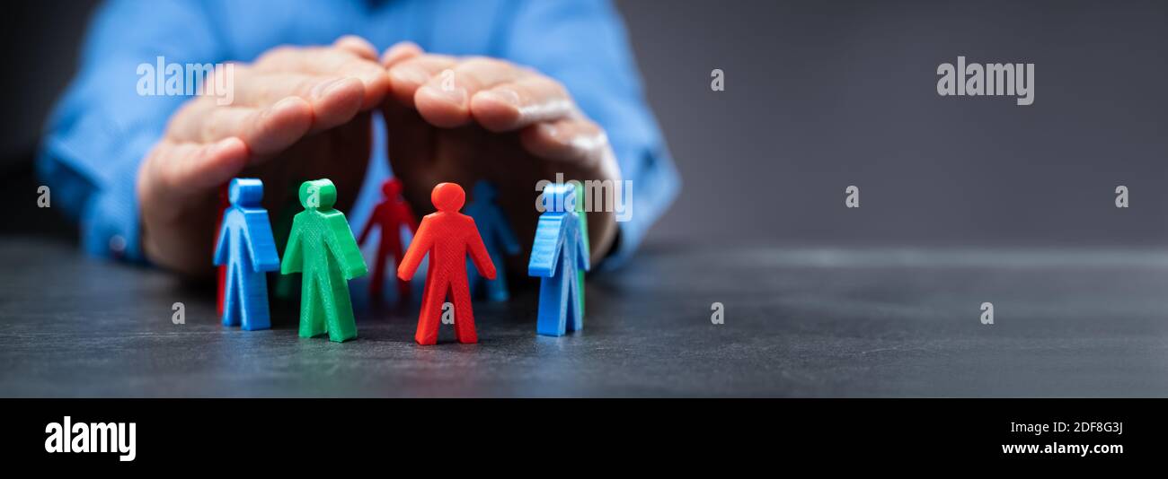 Hands Protecting Paper People. Corporate Staff Protection Stock Photo ...