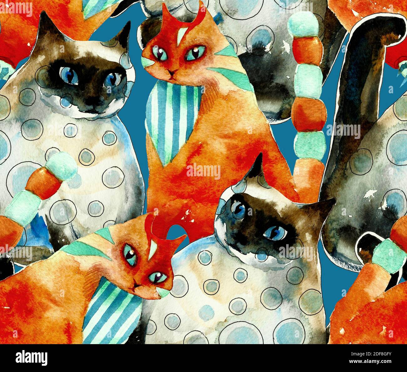 Seamless red and blue cats pattern from original watercolor hand drawn ...
