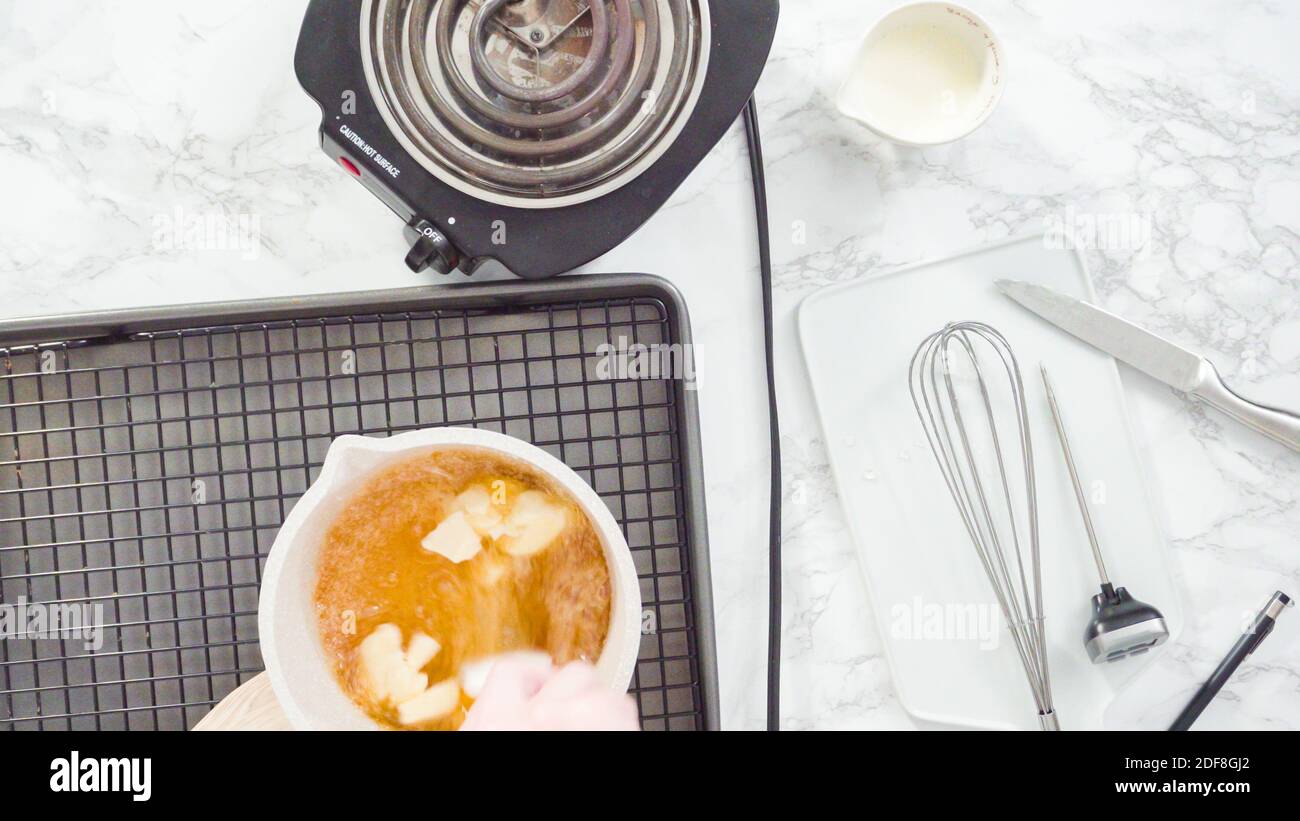 Flat lay. Step by step. Preparing homemade caramel in the cooking pot ...