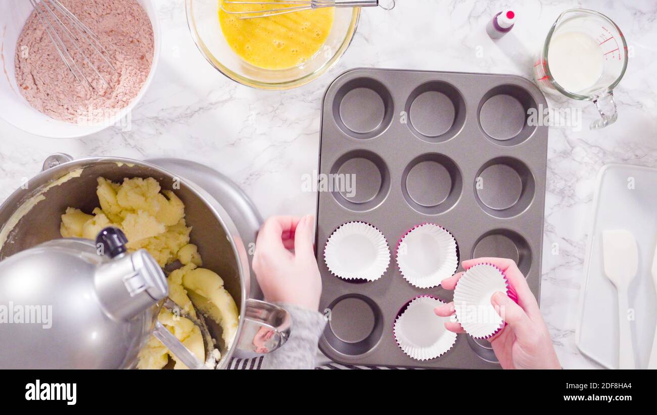Flat lay. Step by step. Mixing ingredients in a standing kitchen mixer ...