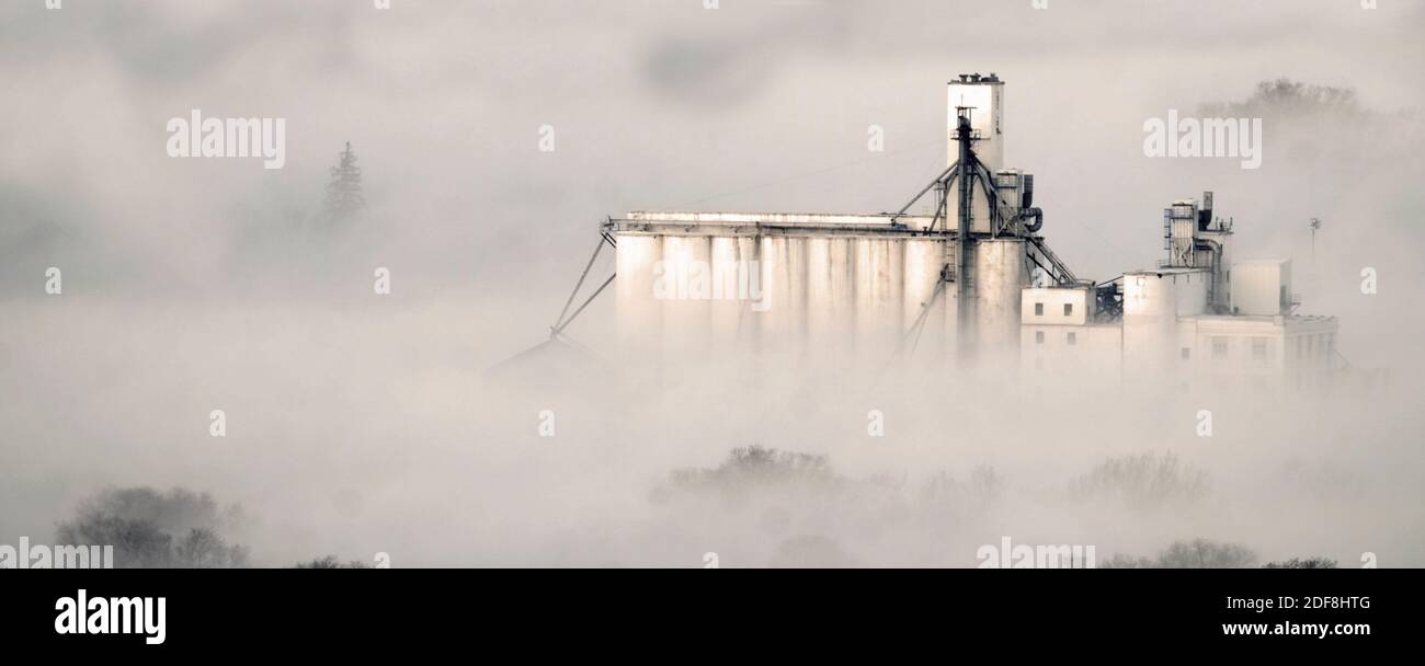 Foggy fog building in small town mountains rural western America ...