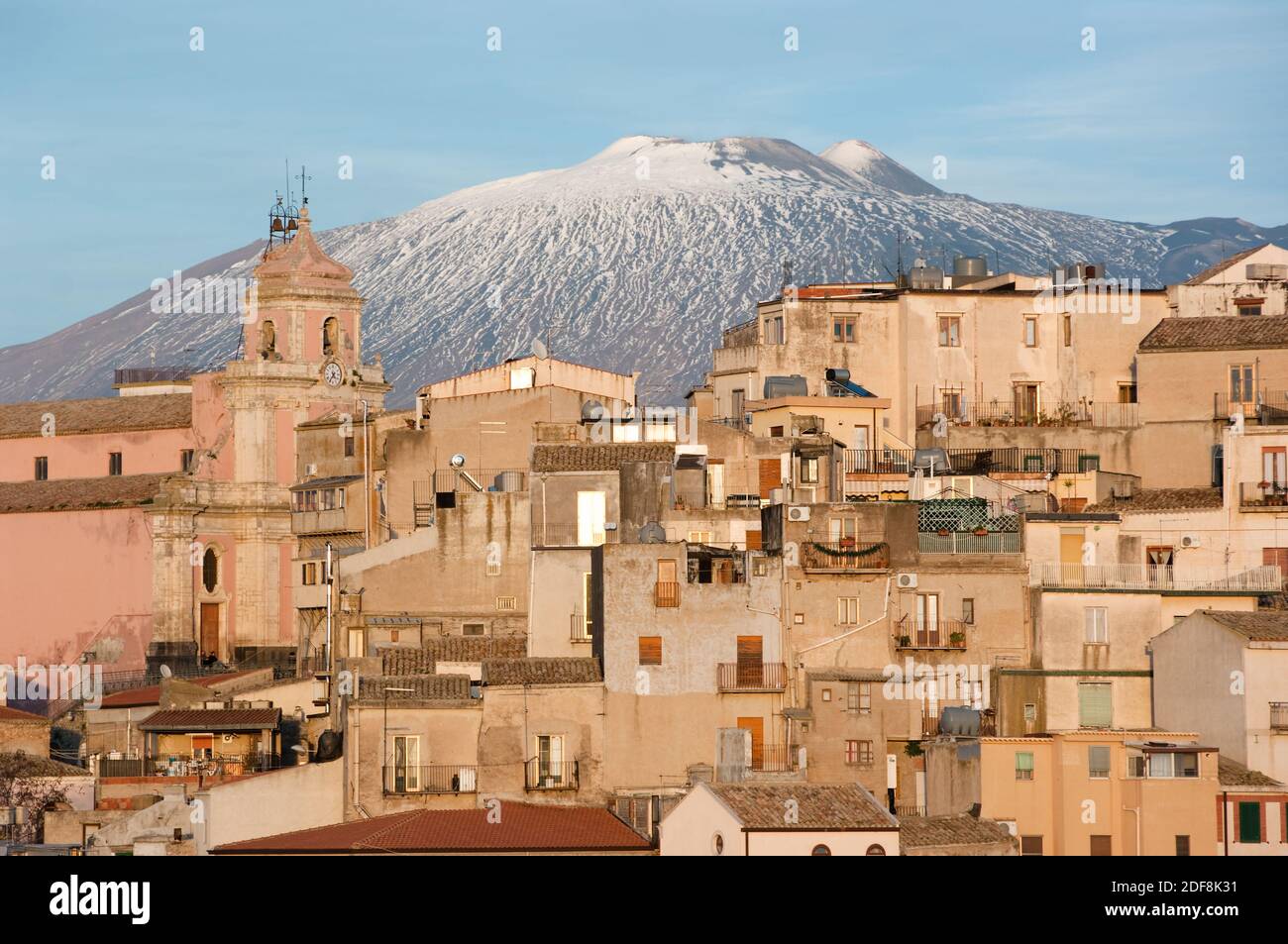 view of houses and bell tower of the Centuripe town in Sicily, on ...