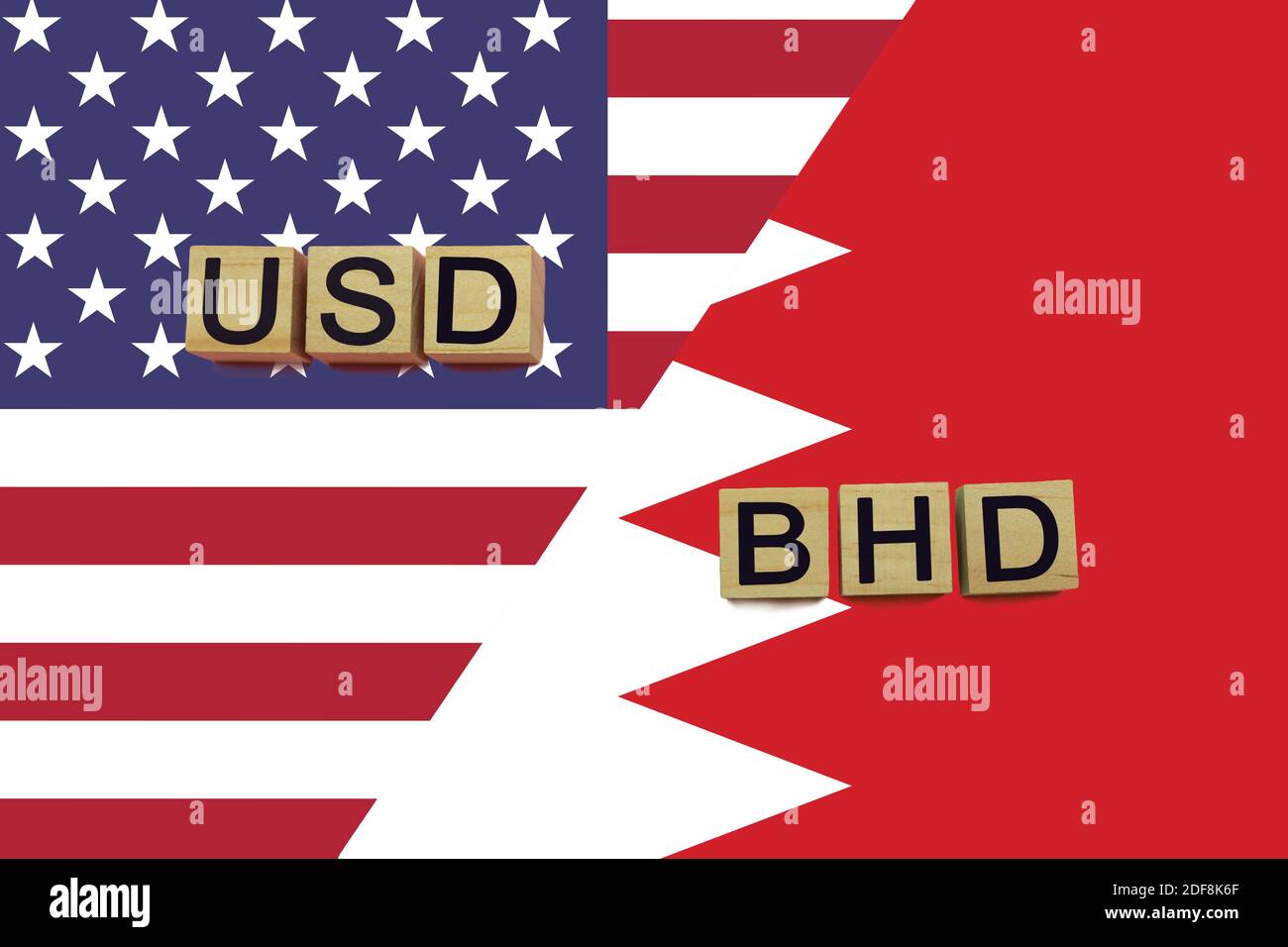 USA and Bahrain currencies codes on national flags background ...