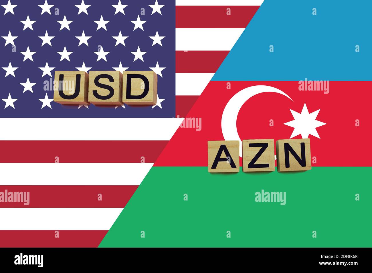 USA and Azerbaijan currencies codes on national flags background ...