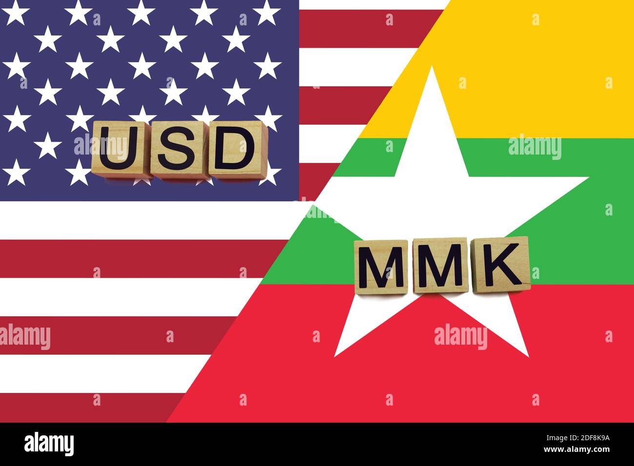 USA and Myanmar currencies codes on national flags background ...