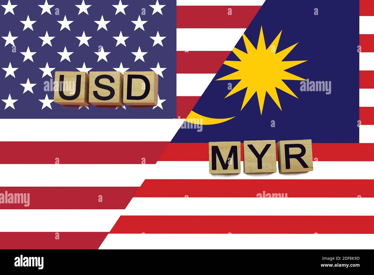 USA and Malaysia currencies codes on national flags background ...
