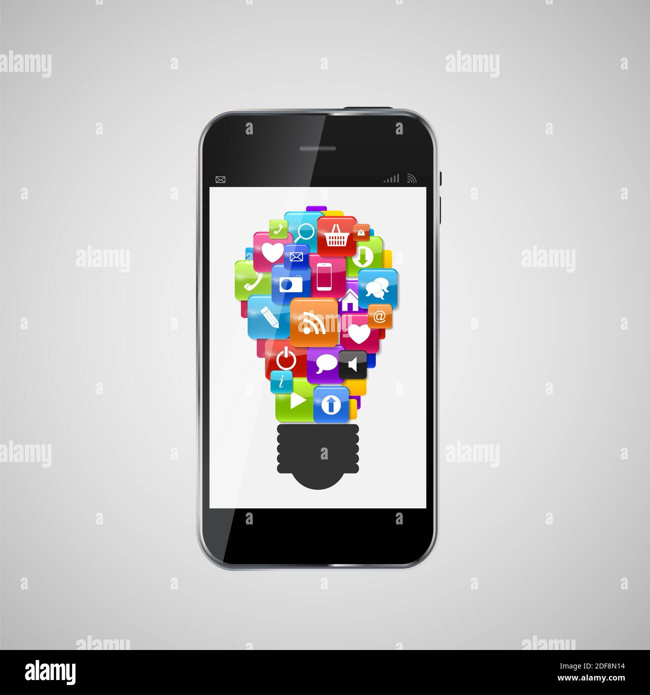 Glass Button Icon Set Lamp Idea on Mobile Phone Concept . Illustration ...