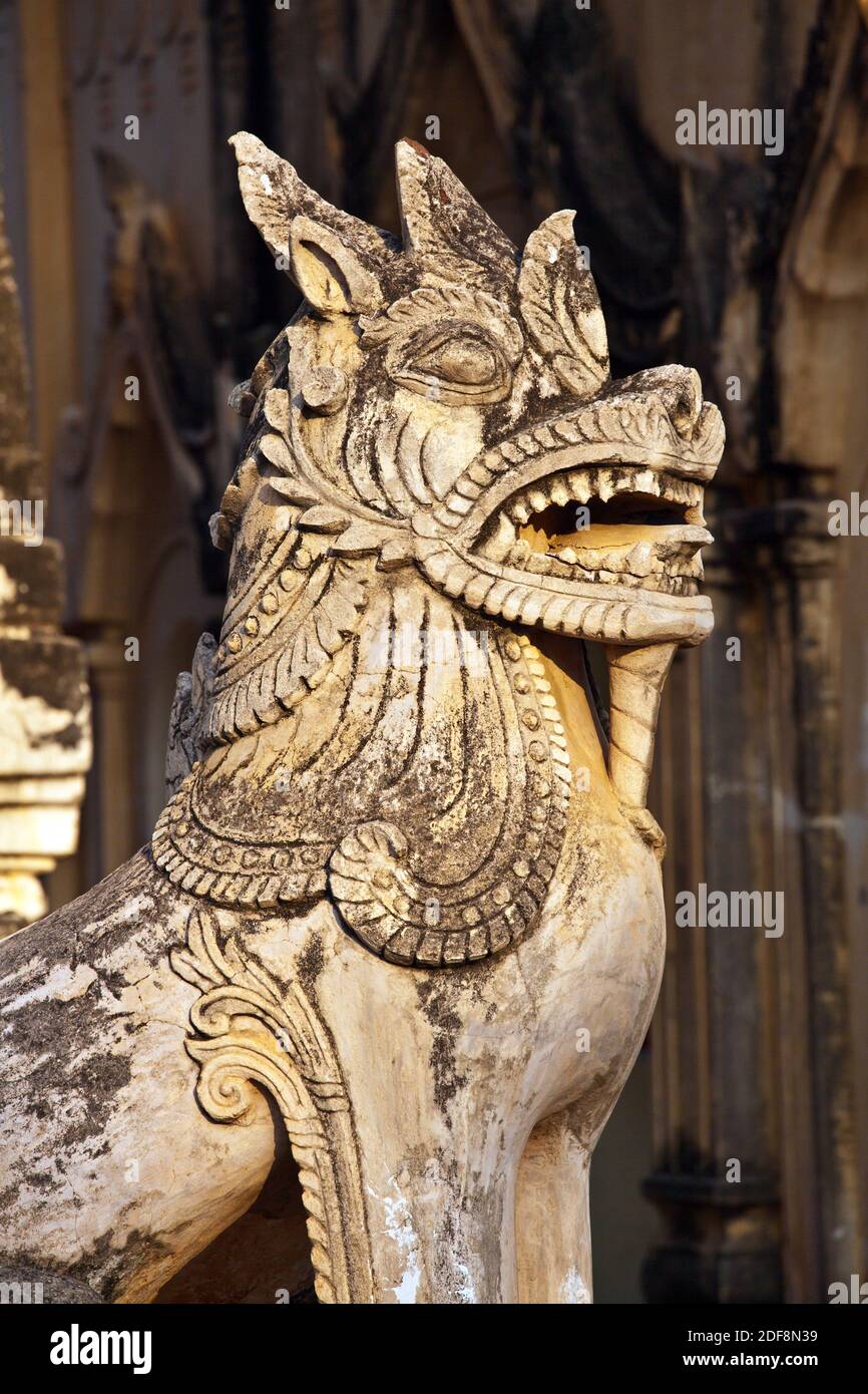 A CHINTHE is a mystical half lion half dragon guardian at ANANDA PAYA ...