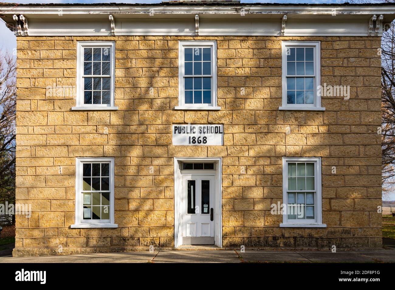 Old schoolhouse in small Midwest town. Adeline, Illinois, USA Stock ...