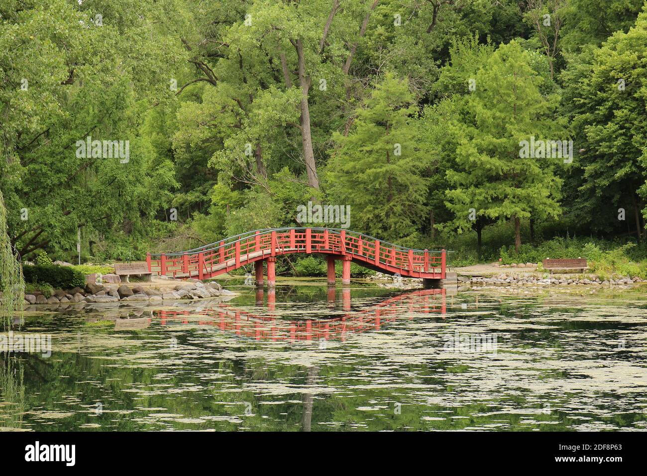 A red arched bridge over a lake leading to walking trails thougha ...