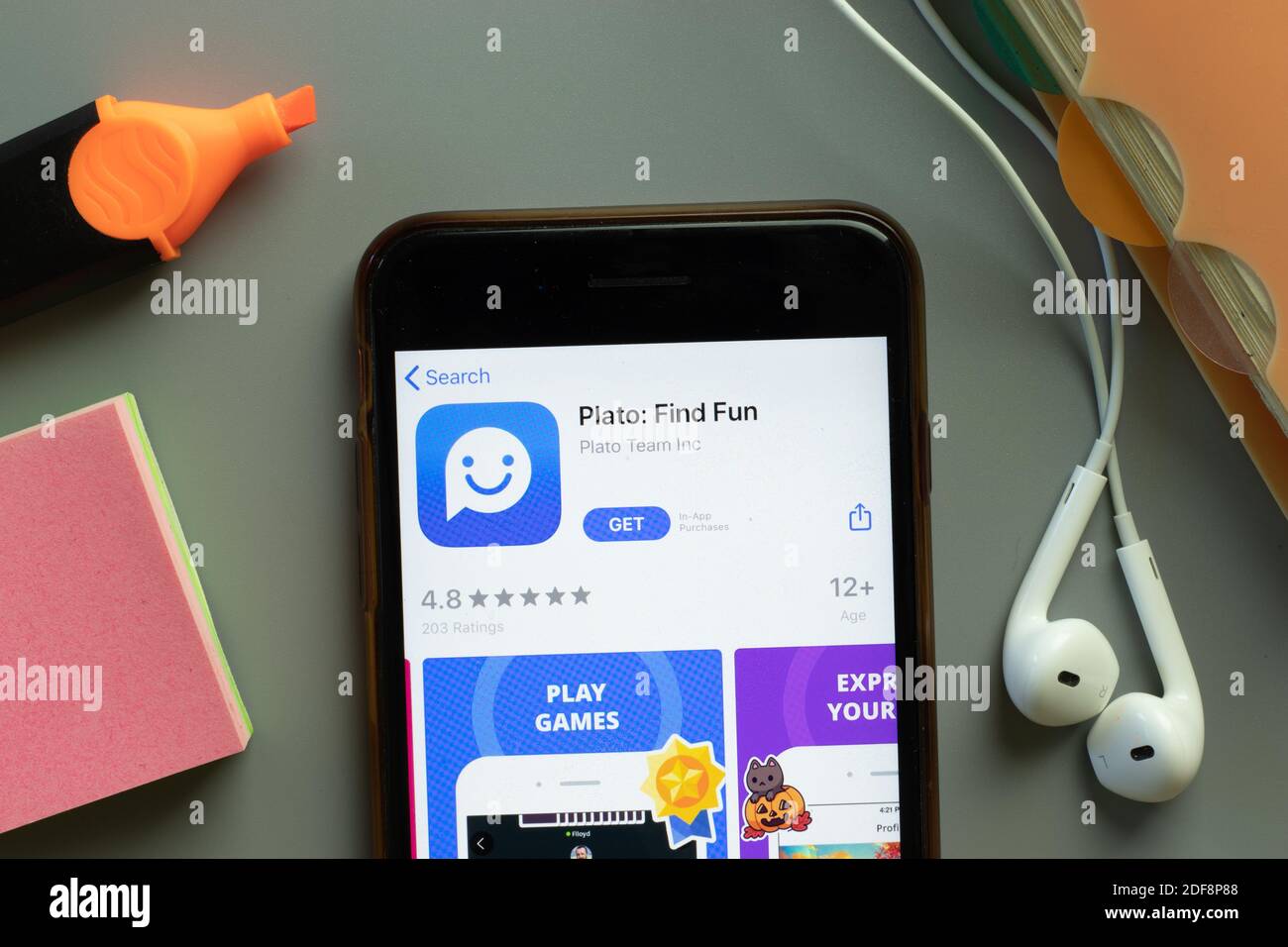 New York, USA - 1 December 2020: Plato Find Fun mobile app icon on ...