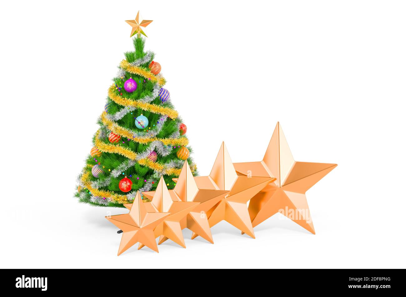 Christmas tree with 5 five golden stars concept, 3D rendering isolated ...