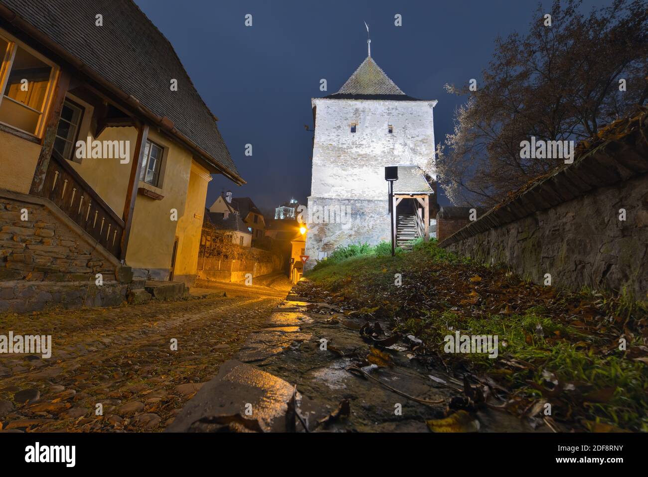 Taylor Tower, by night, in the famous medieval town of Transylvania ...