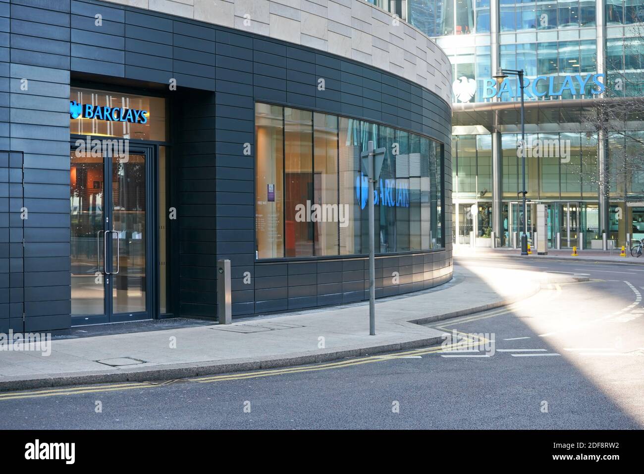 London, United Kingdom - February 03, 2019: Blue Barclays logo at their ...