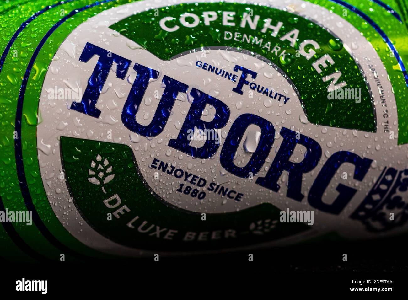 Condensation water droplets on Tuborg beer can isolated on black ...