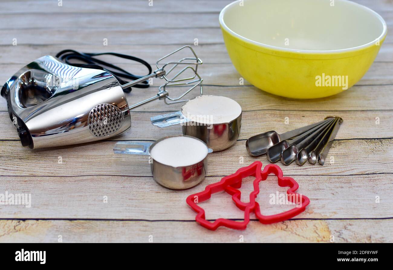 Holiday cookie kitchen utensils and bowls ready for seasonal baking ...