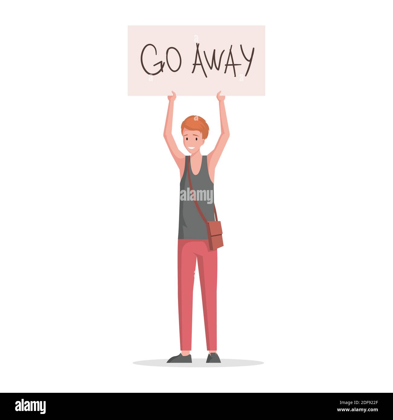 Young man in casual clothes holding placard with go away words vector ...