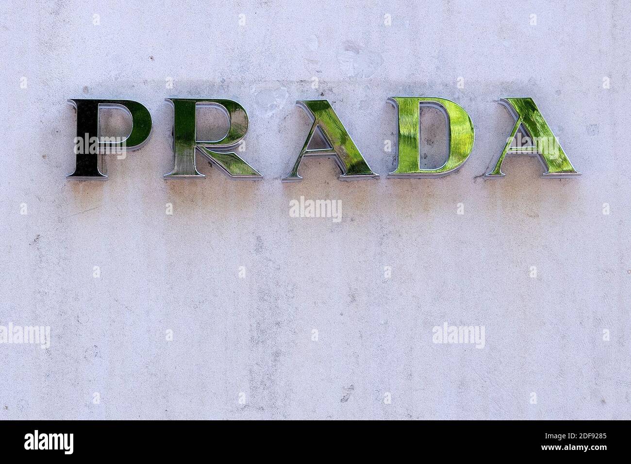 A shop sign of Prada in Paris, on April 8, 2020 in Paris, France.Photo ...