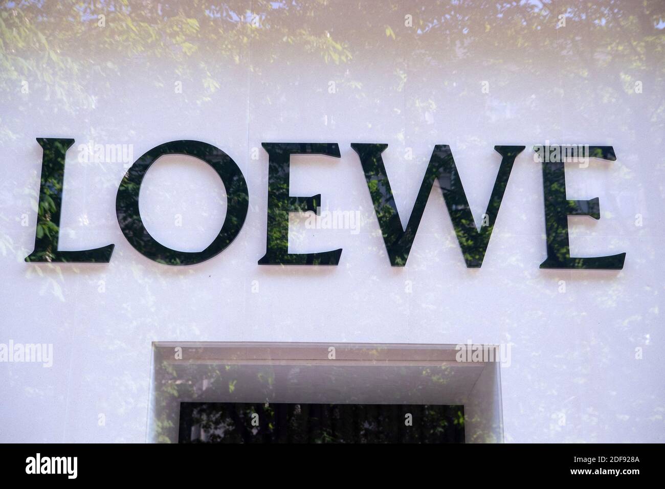 A shop sign of Loewe in Paris, on April 8, 2020 in Paris, France.Photo ...