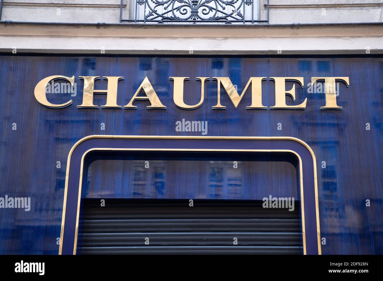 A shop sign of Chaumet in Paris, on April 8, 2020 in Paris, France ...