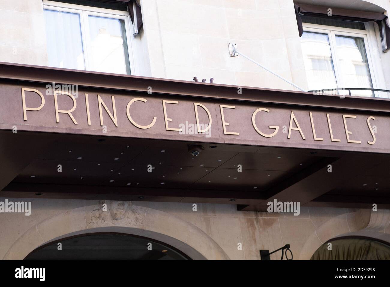 A hotel sign of Prince de Galles in Paris, on April 8, 2020 in Paris ...