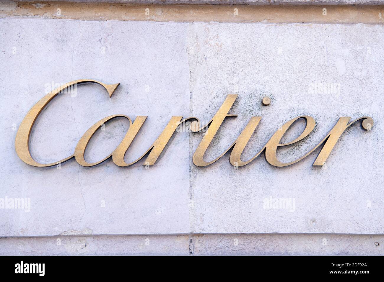 A shop sign of Cartier in Paris, on April 8, 2020 in Paris, France ...