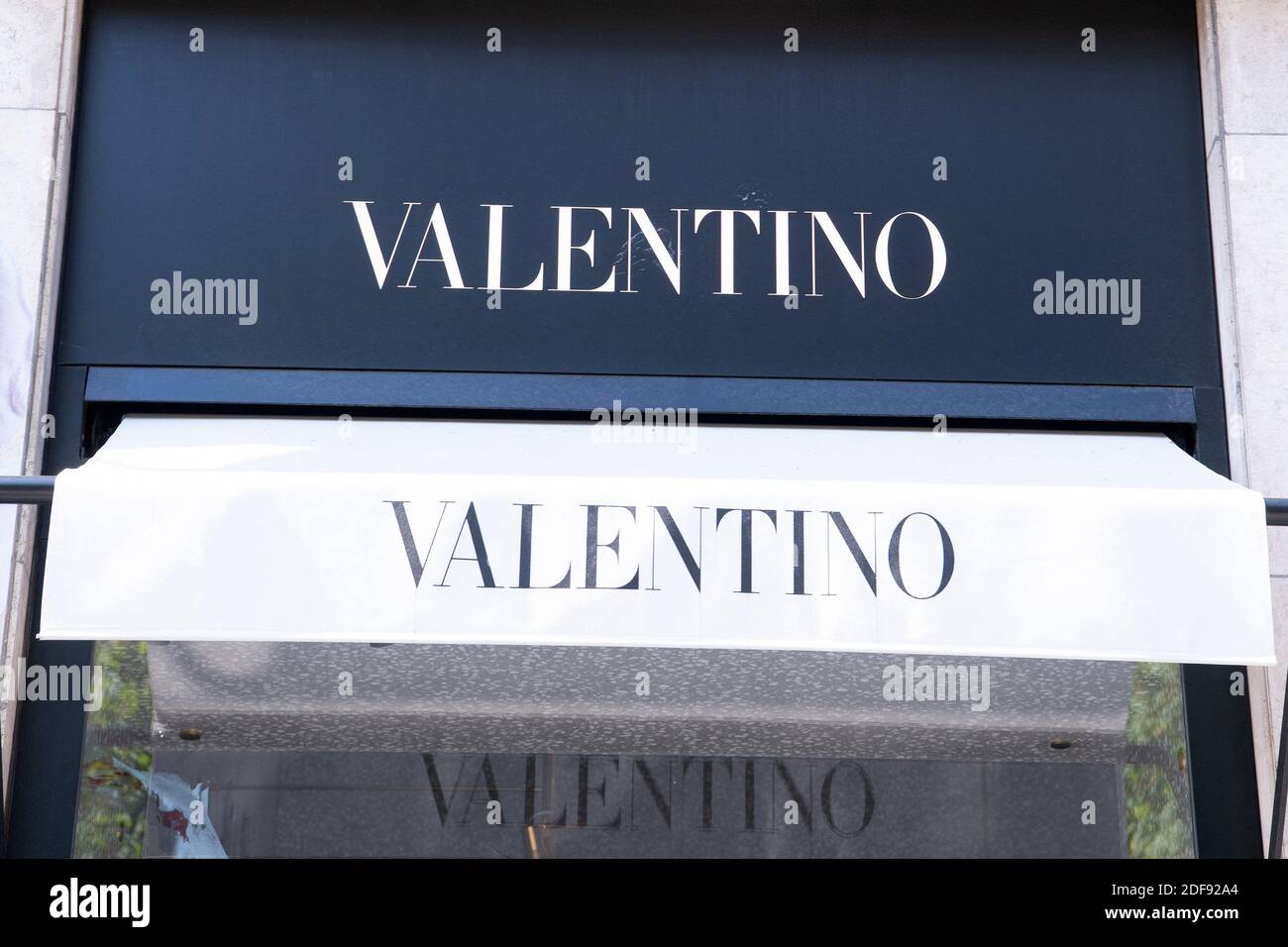 A shop sign of Valentino in Paris, on April 8, 2020 in Paris, France ...