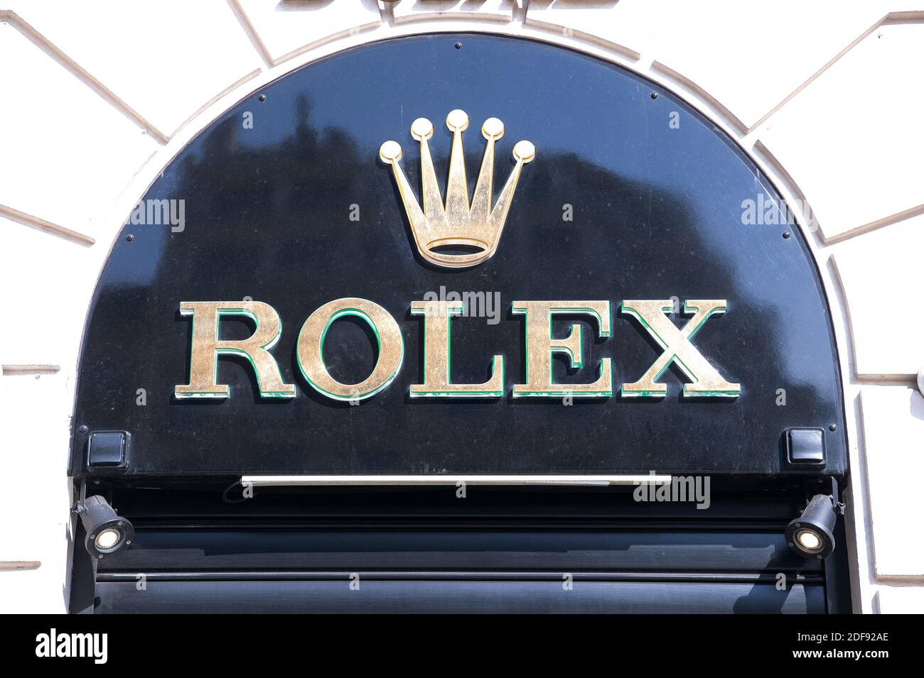 A shop sign of Rolex in Paris, on April 8, 2020 in Paris, France.Photo ...