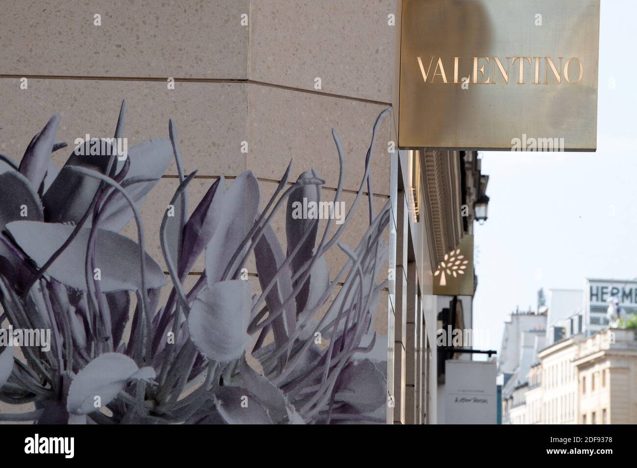 A shop sign of Valentino in Paris, on April 9, 2020 in Paris, France ...