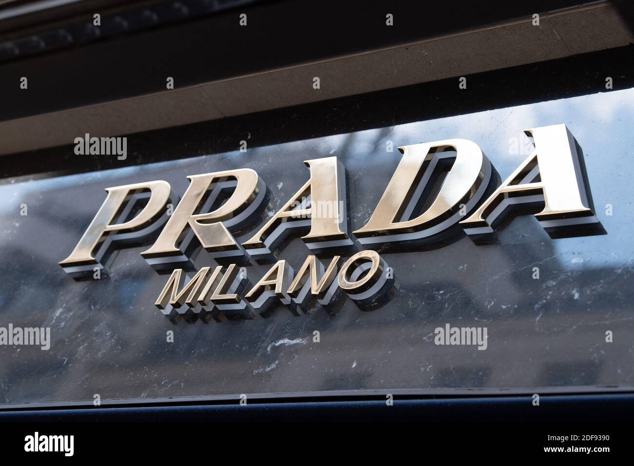 A shop sign of Prada in Paris, on April 9, 2020 in Paris, France. Photo ...