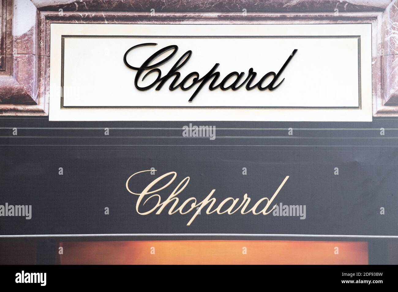 A shop sign of Chopard in Paris, on April 9, 2020 in Paris, France ...