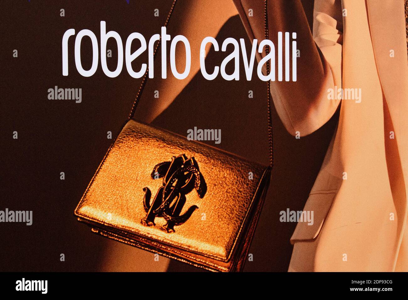A shop sign of Roberto Cavalli in Paris, on April 9, 2020 in Paris ...