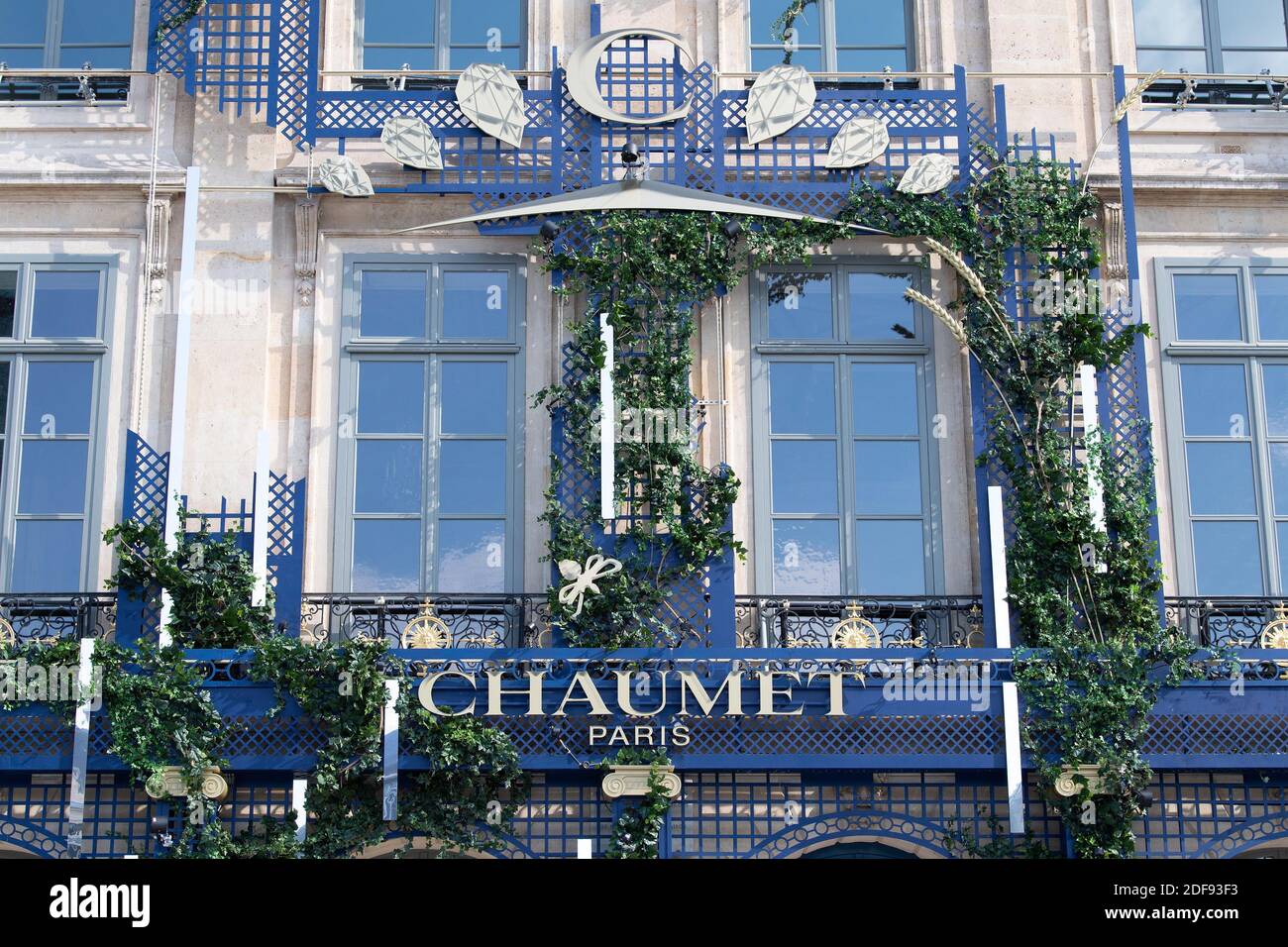 A shop sign of Chaumet in Paris, on April 9, 2020 in Paris, France ...