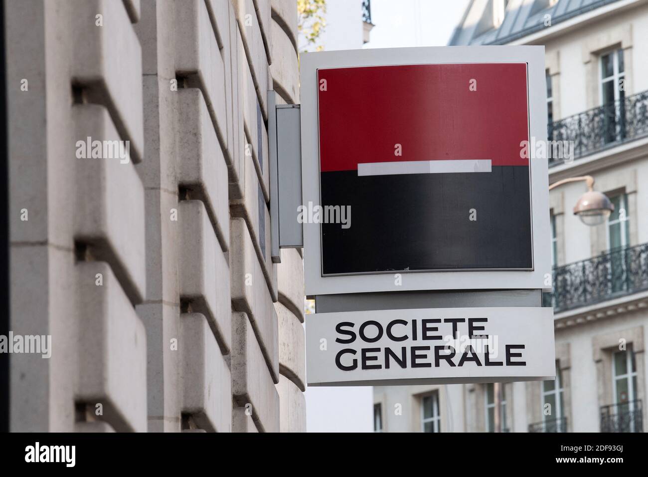 A shop sign of Society Generale bank in Paris, on April 9, 2020 in ...