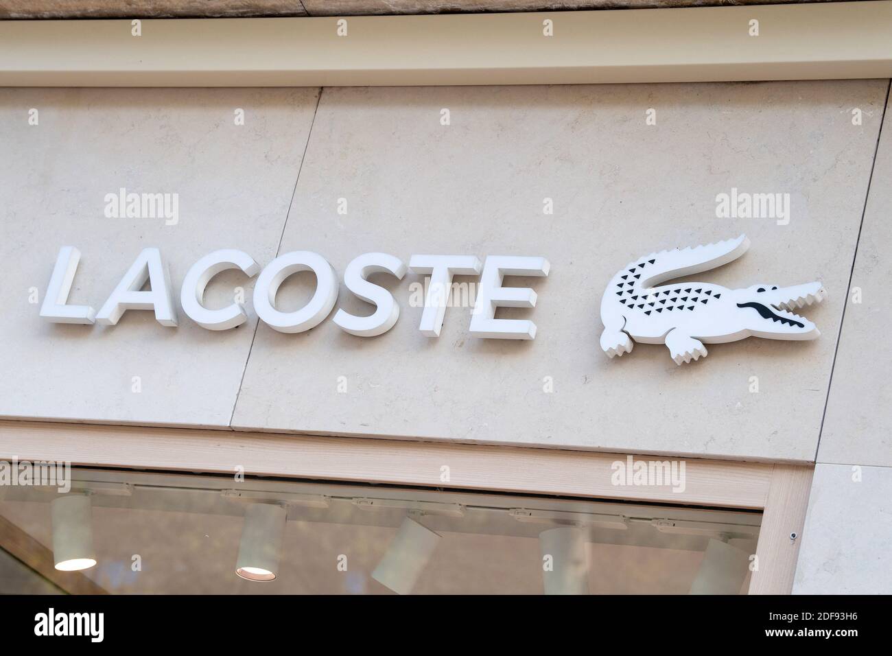 A shop sign of Lacoste in Paris, on April 9, 2020 in Paris, France ...