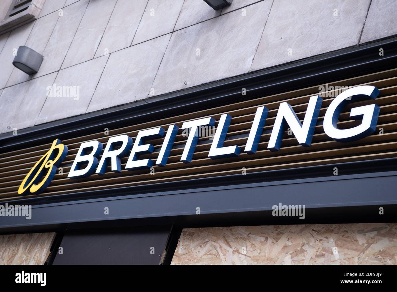 A shop sign of Breitling in Paris, on April 9, 2020 in Paris, France ...