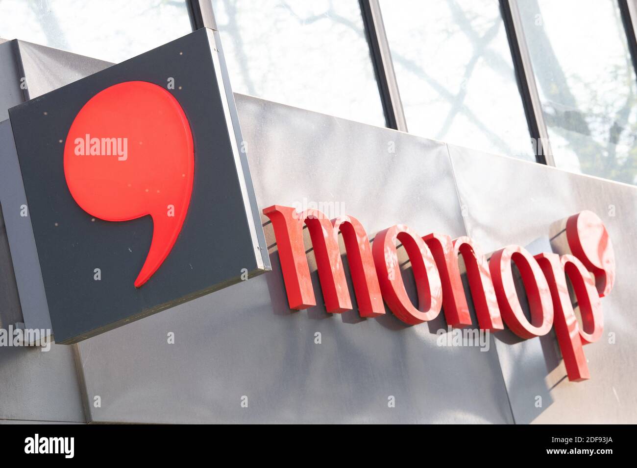 A shop sign of Monop in Paris, on April 9, 2020 in Paris, France. Photo ...