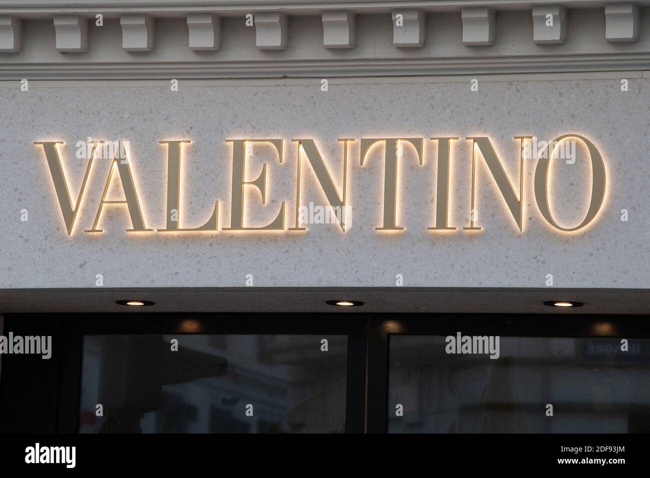 A shop sign of Valentino in Paris, on April 9, 2020 in Paris, France ...