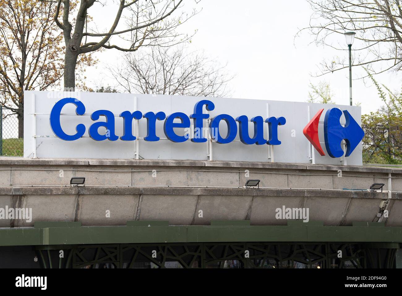 A shop sign of Carrefour in Paris, on April 10, 2020, France.Photo by ...
