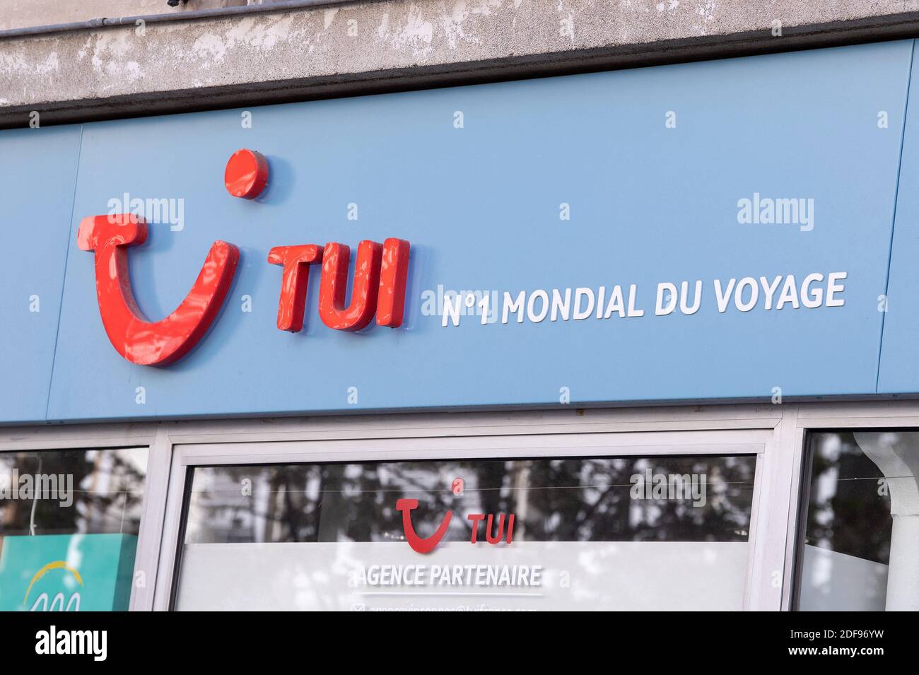A shop sign of TUI travel agency on April 14, 2020 in Paris, France ...