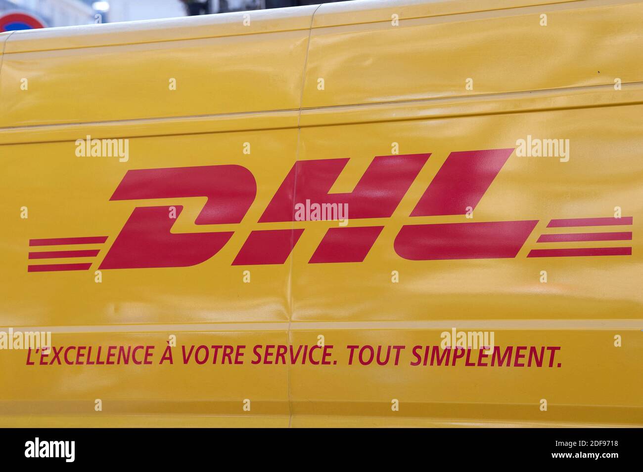 A shop sign of DHL on April 14, 2020 in Paris, France. Photo by David ...