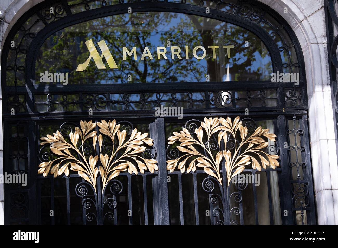 A shop sign of Marriott hotel on April 14, 2020 in Paris, France. Photo ...