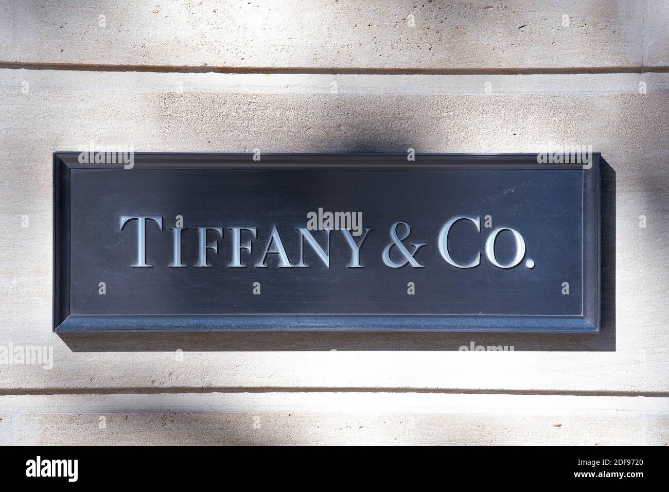 A shop sign of Tiffany & Co on April 14, 2020 in Paris, France. Photo ...