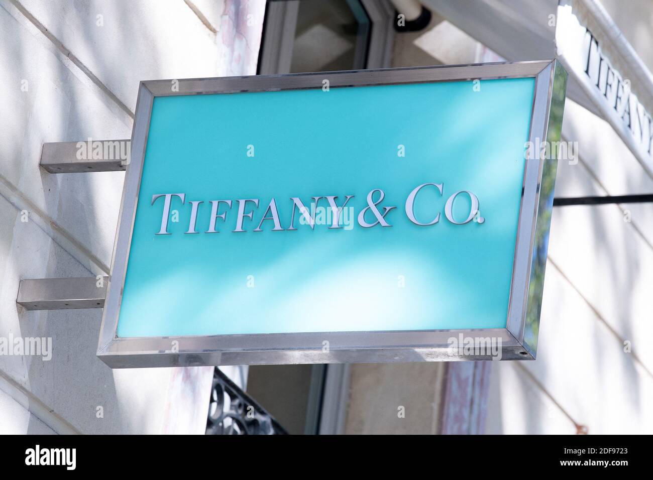 A shop sign of Tiffany & Co on April 14, 2020 in Paris, France. Photo ...