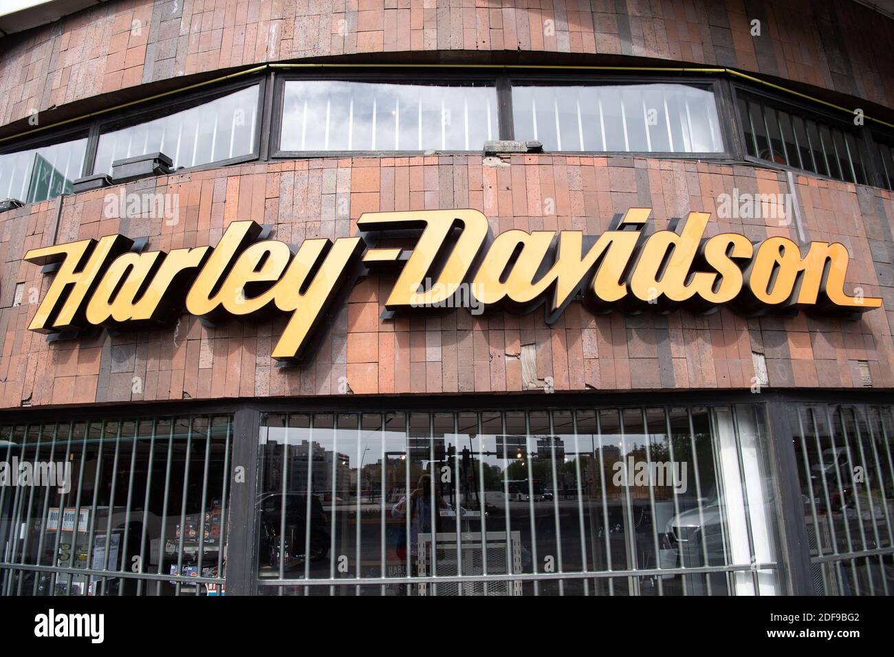 A shop sign of Harley-Davidson on April 21, 2020 in Paris, France ...