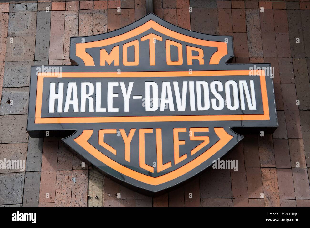 A shop sign of Harley-Davidson on April 21, 2020 in Paris, France ...