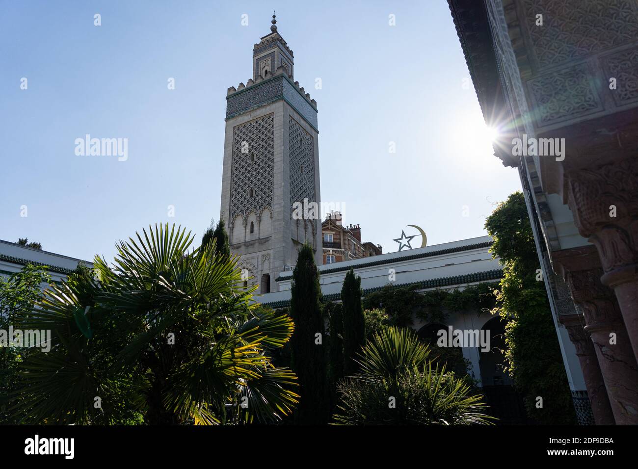 The minaret of the Great Mosque of Paris. Paris, France, April 23, 2020 ...