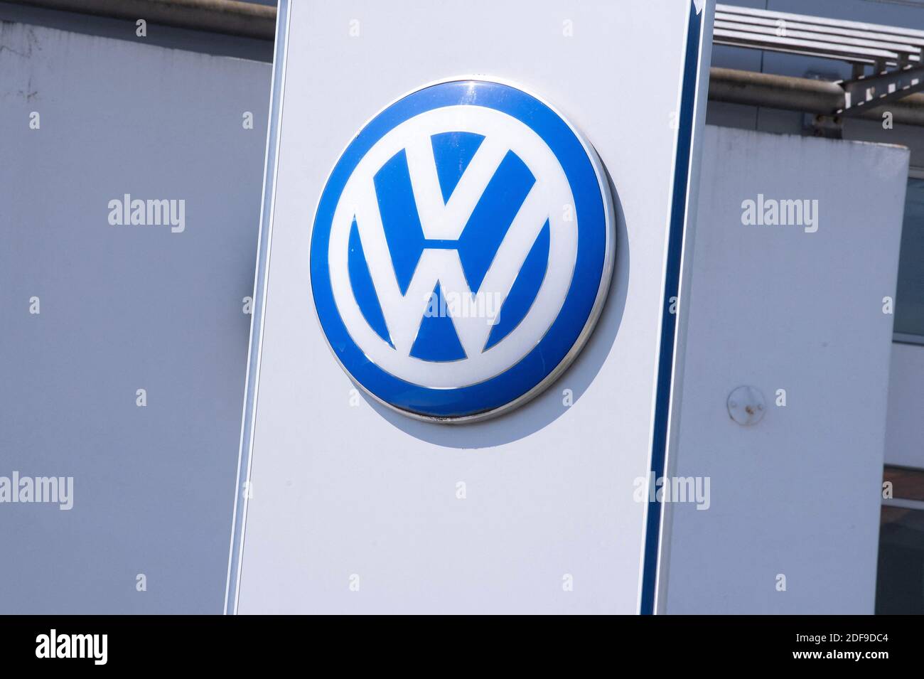 A shop sign of Volkswagen on April 23, 2020 in Ollainville, France ...